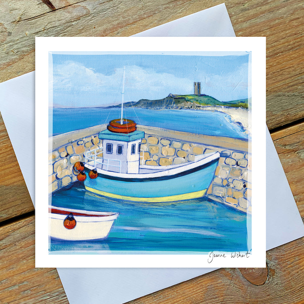 Blue Boat at Beadnell | Greetings Card | Joanne Wishart
