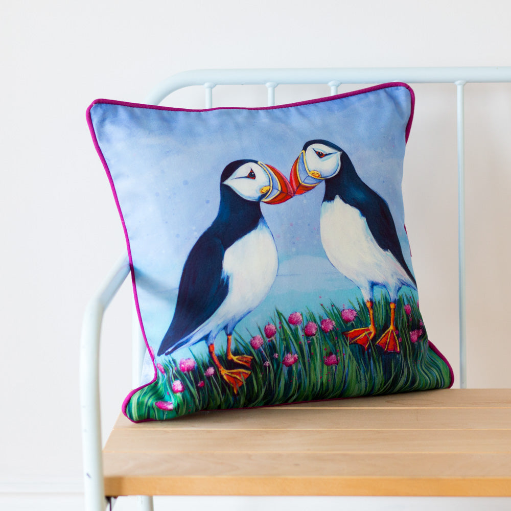 Puffins and Sea Pinks Cushion | Joanne Wishart