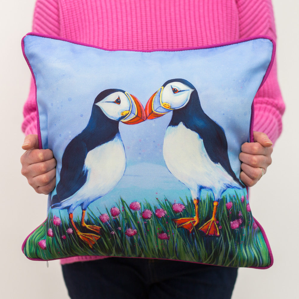 Puffins and Sea Pinks Cushion | Joanne Wishart